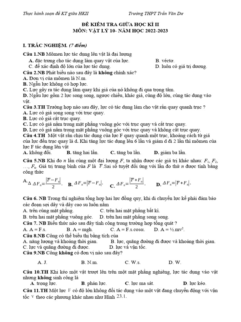 De Kiem Tra Giua Ky Ii Tran Van Du | PDF