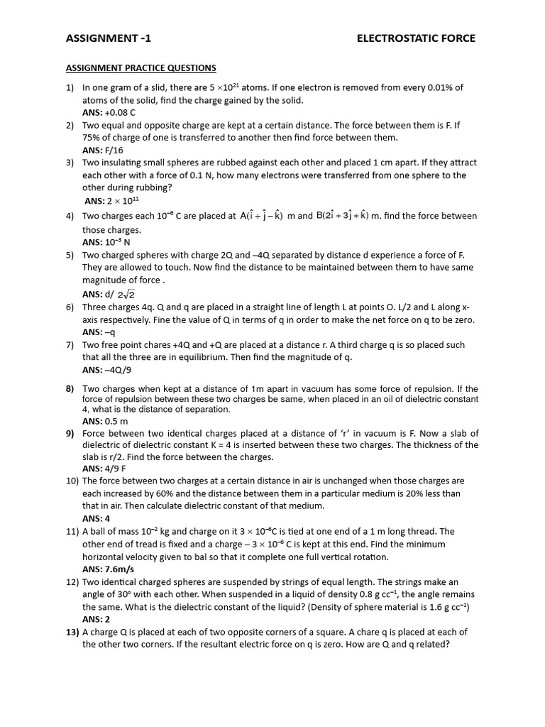 Electrostatic Force Assignment (1) | PDF | Electric Charge | Force