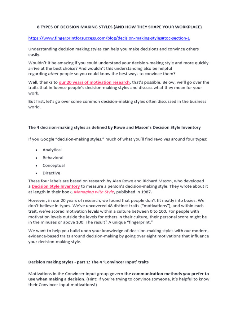 8 Decision-Making Styles Explained | PDF | Decision Making | Motivation