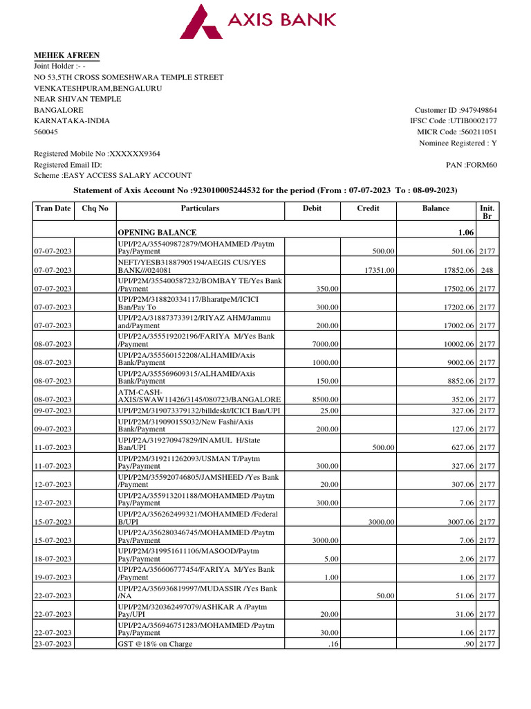 Axis Bank Statement Summary | PDF | Debit Card | Banks