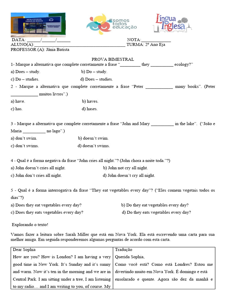 Prova Bimestral Lingua Inglesa 2 Eja | PDF