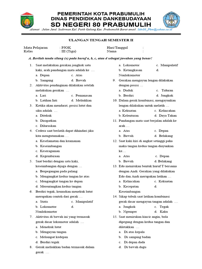 Soal Uts Sms 2 Pjok 3456 Tan 2023-2024 | PDF