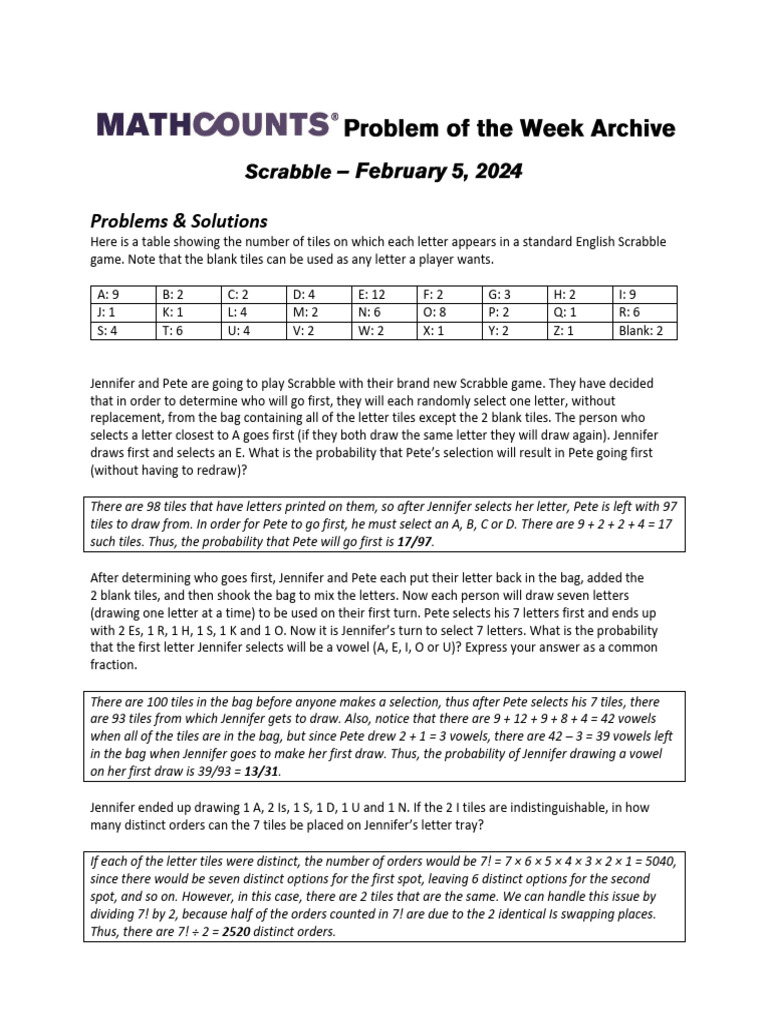 Scrabble Probability Puzzles | PDF
