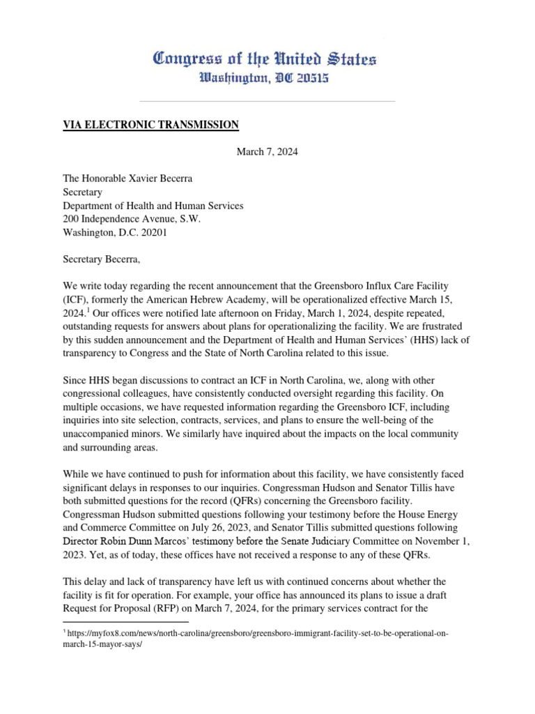 NC Delegation HHS Greensboro Oversight Letter | PDF | United States ...