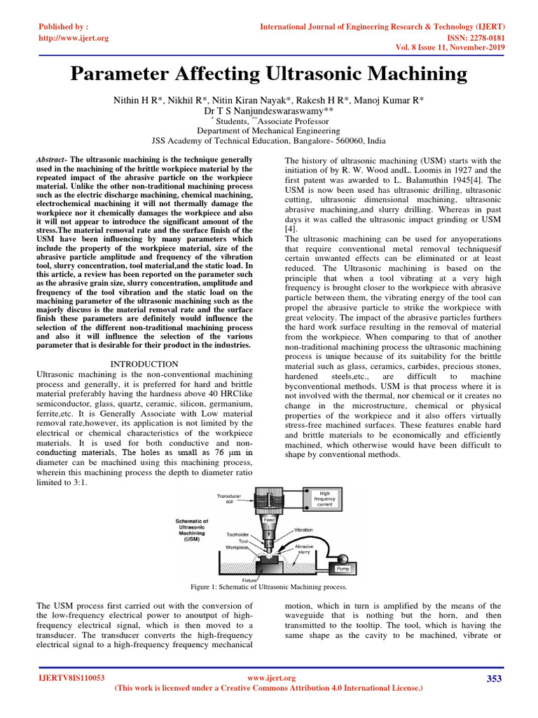 Parameter Affecting Ultrasonic Machining IJERTV8IS110053 | Download Free PDF | Machining ...