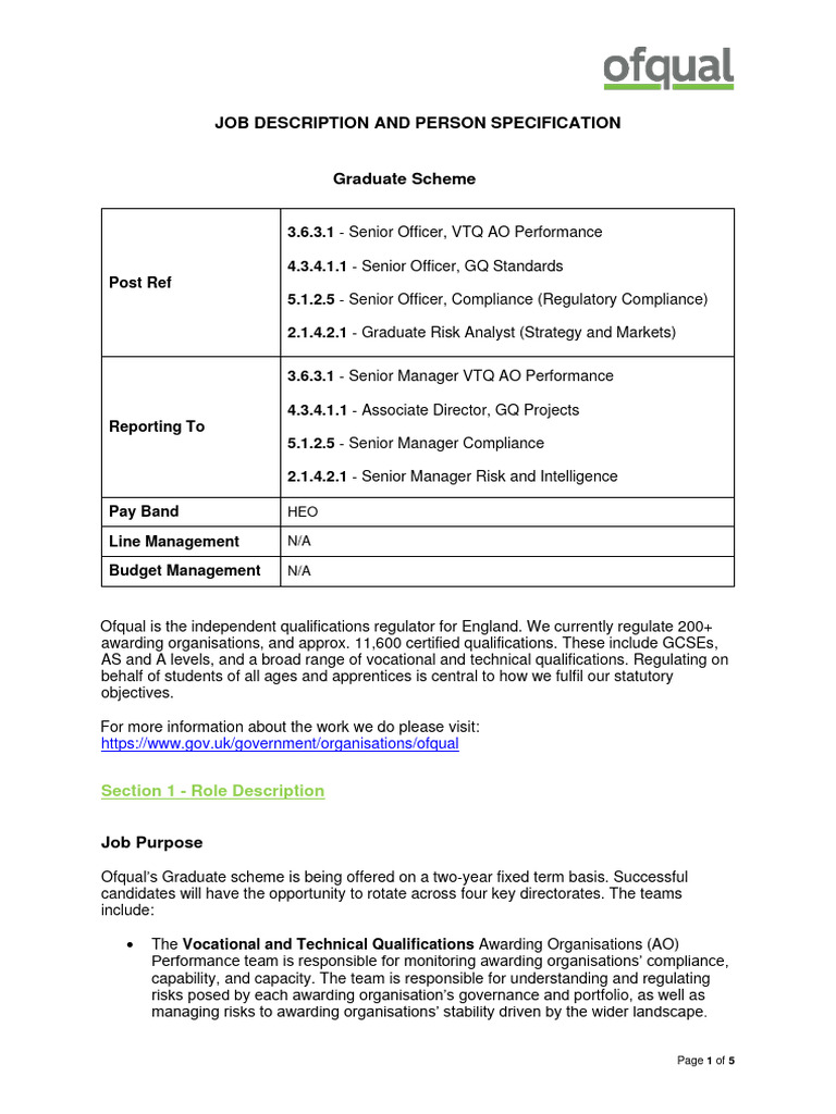 Job Description and Person Specification | PDF | Regulatory Compliance ...