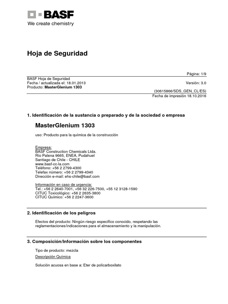 6-Hoja de Seguridad Master Glenium 1303 | PDF | Química | Ciencias fisicas