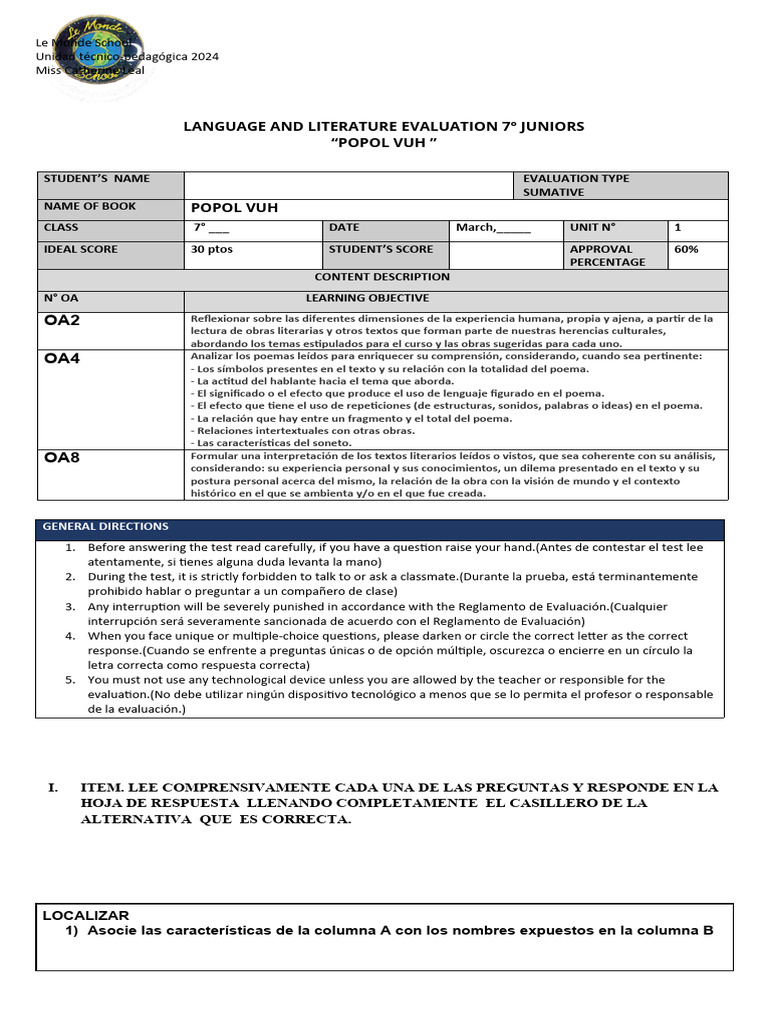 Prueba Lectura - POPOL VUH 7°junior | PDF