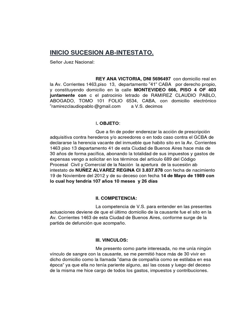 Modelo Inicio Sucesion Ab Intestato Caba | PDF | Herencia | Ley Pública