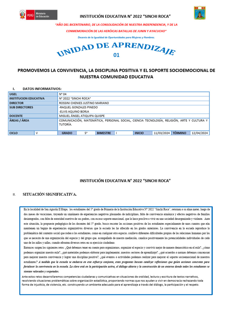 Unidad de Aprendizaje #1 - 5° Grado | Descargar gratis PDF | Aprendizaje | Evaluación