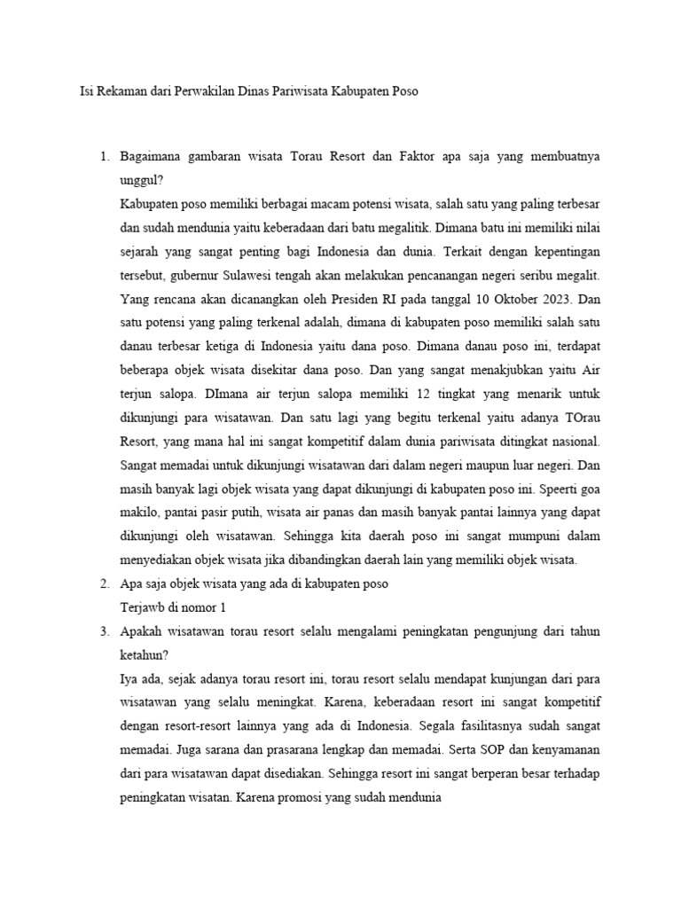Potensi Wisata Torau Resort Poso | PDF