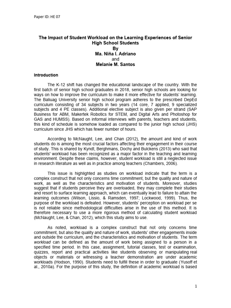 StudentWorkloadItsImpactontheLearningExperiencesofSeniorHighSchoolStudents (1) | PDF | Science ...