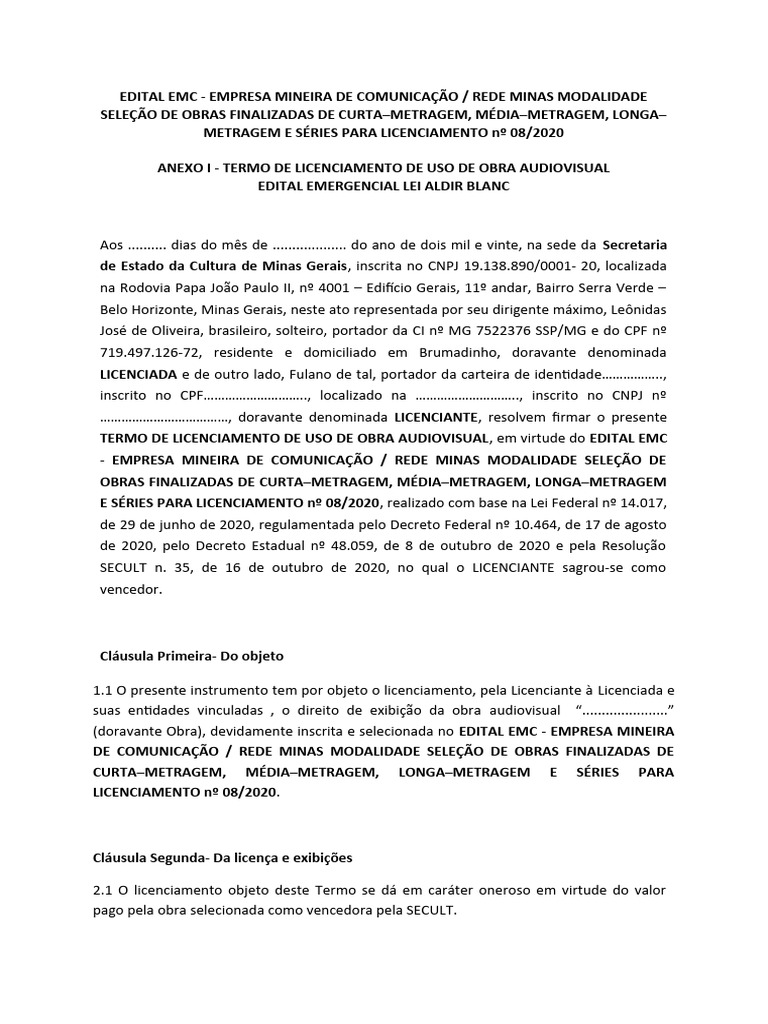 Anexo I - Termo de Licenciamento de Uso de Obra Audiovisual | Download grátis PDF | Direitos ...