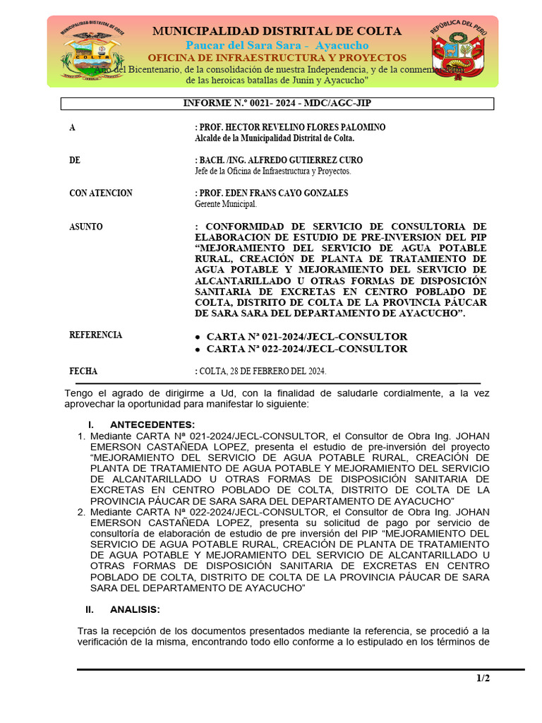 Informe - N 021 - Conformidad de Perfil Ptar Colta | PDF | Alcantarillado | Hidrología
