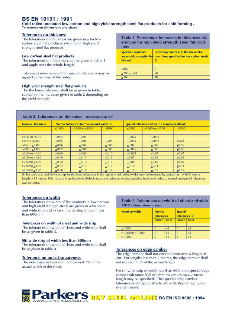 Steel Flat Product Tolerances Guide | PDF | Engineering Tolerance ...