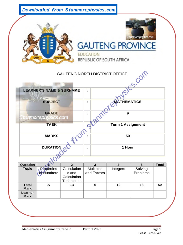 Maths Grade 9 Assignment Gauteng Term 1 2022 QP and Memo | PDF
