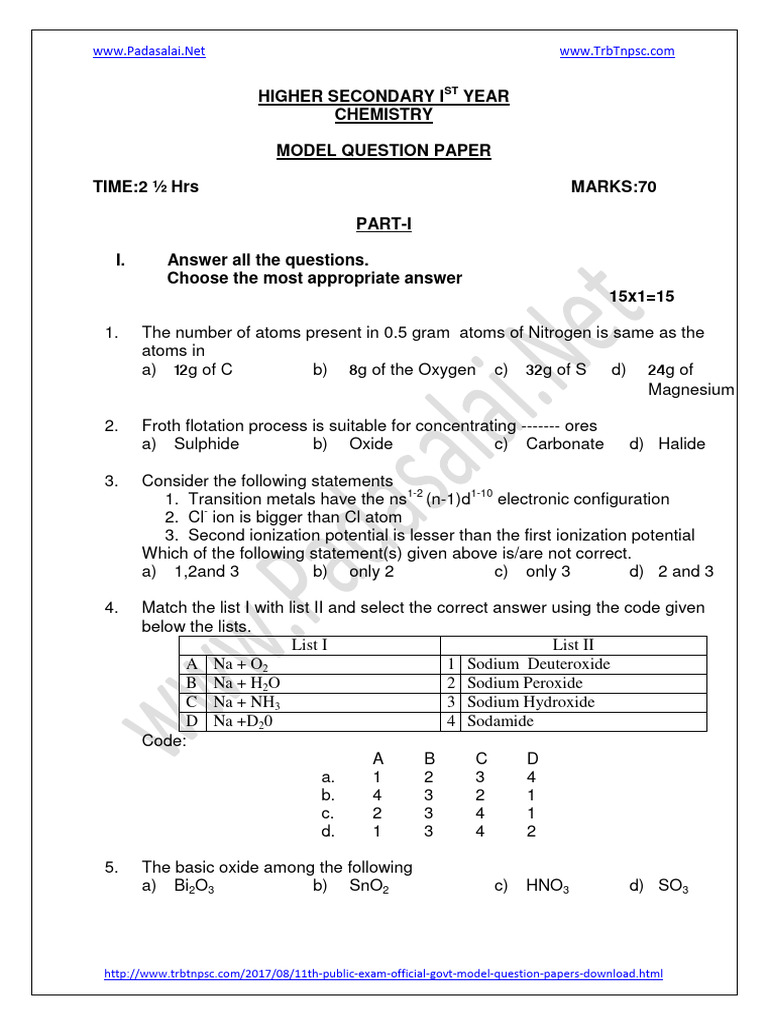 Padasalai Net Chemistry Eng 11th Model Question Paper | PDF | Sodium ...
