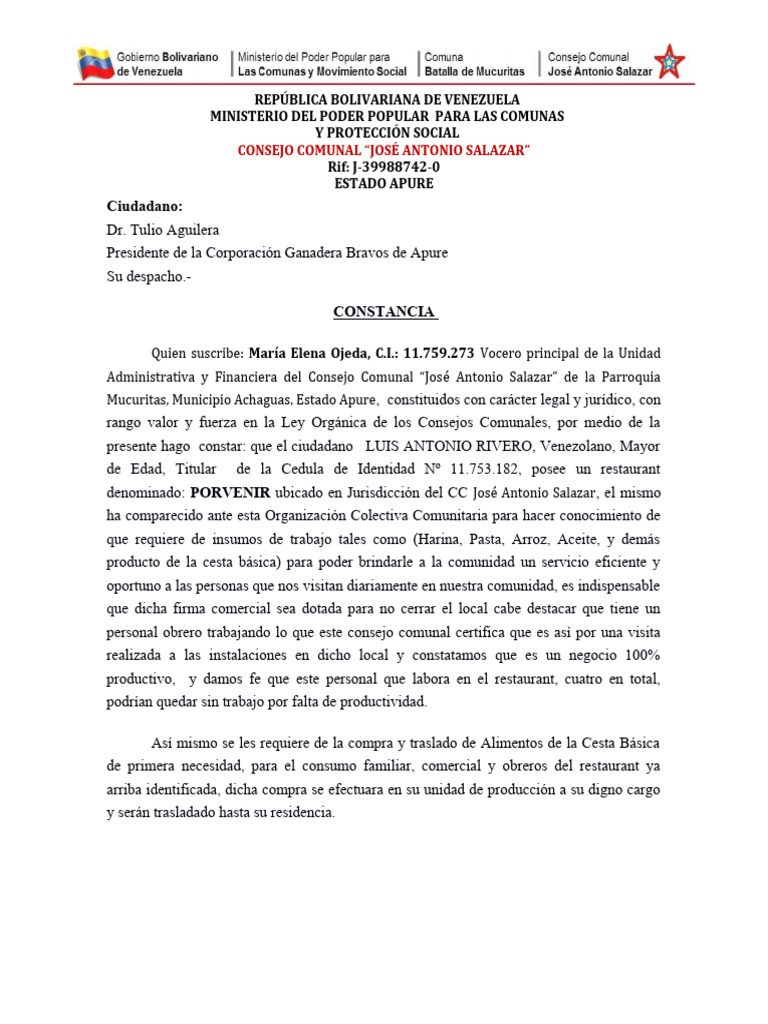 CONSTACIA DE TRASLADO ALIMENTO Jose A. Salazar | PDF | Venezuela | Gobierno