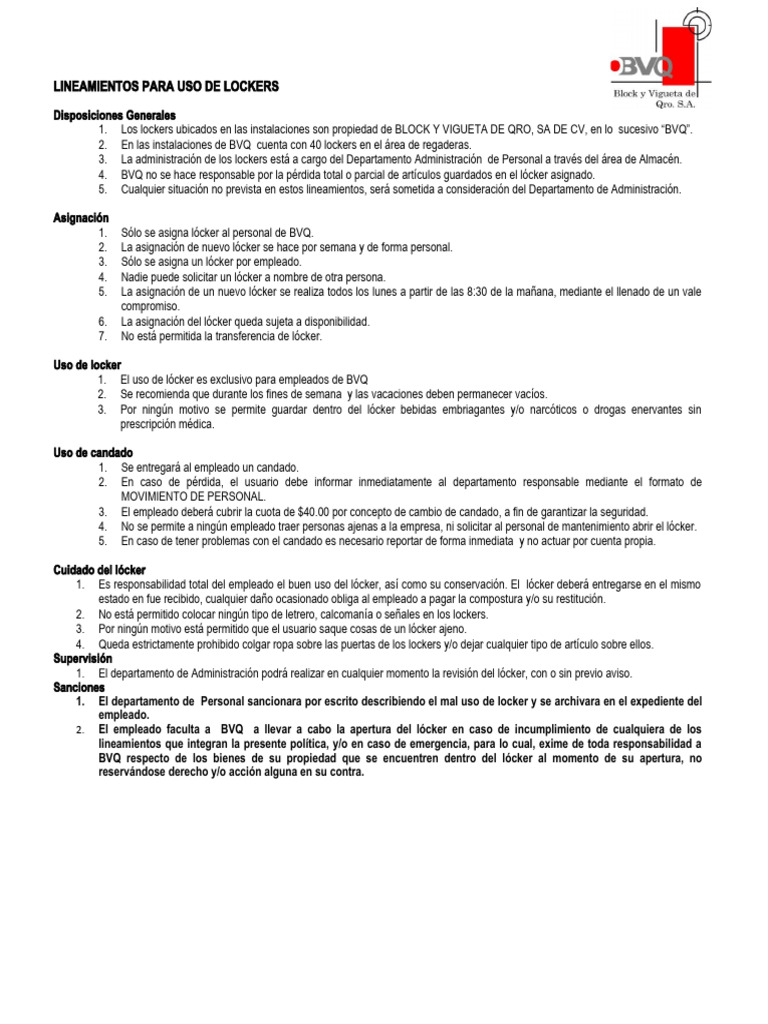 Lineamientos para Uso de Lockers | PDF