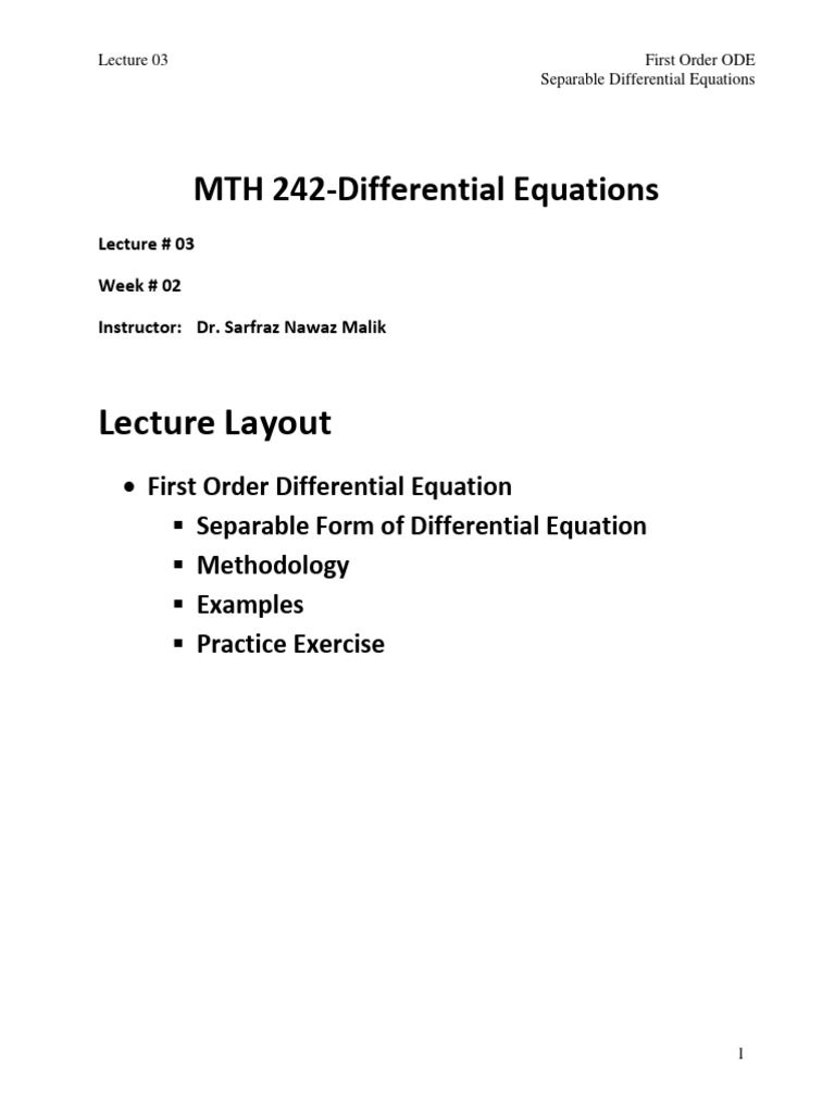 Lecture 03 Mth242 Differential Equations Pdf Ordinary Differential Equation Equations