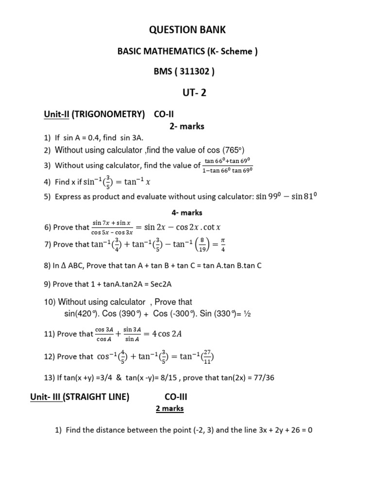 QB BMS-311302 - Sem-I Ut-2 111223 | PDF | Equations | Classical Geometry