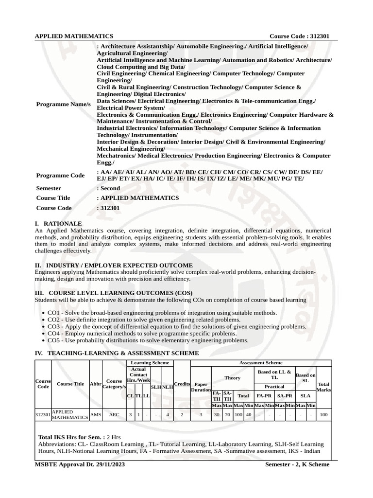 Applied Mathematics (K Scheme Syllabus) | PDF | Equations | Integral
