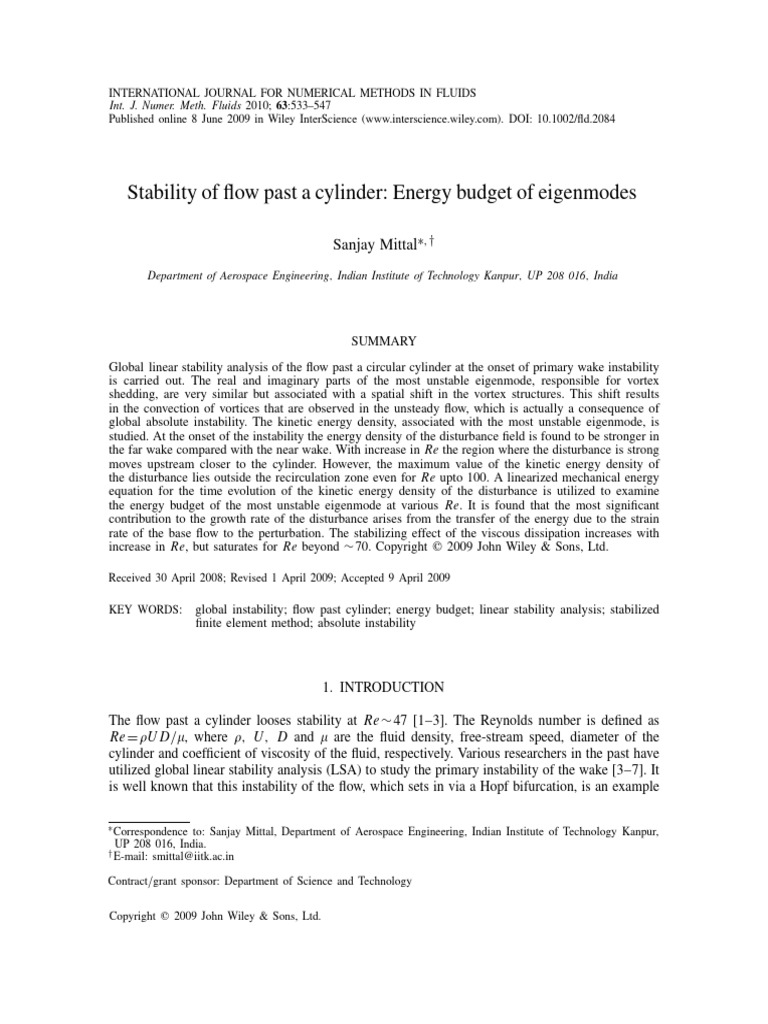Numerical Methods in Fluids - 2009 - Mittal - Stability of Flow Past A Cylinder Energy Budget of ...