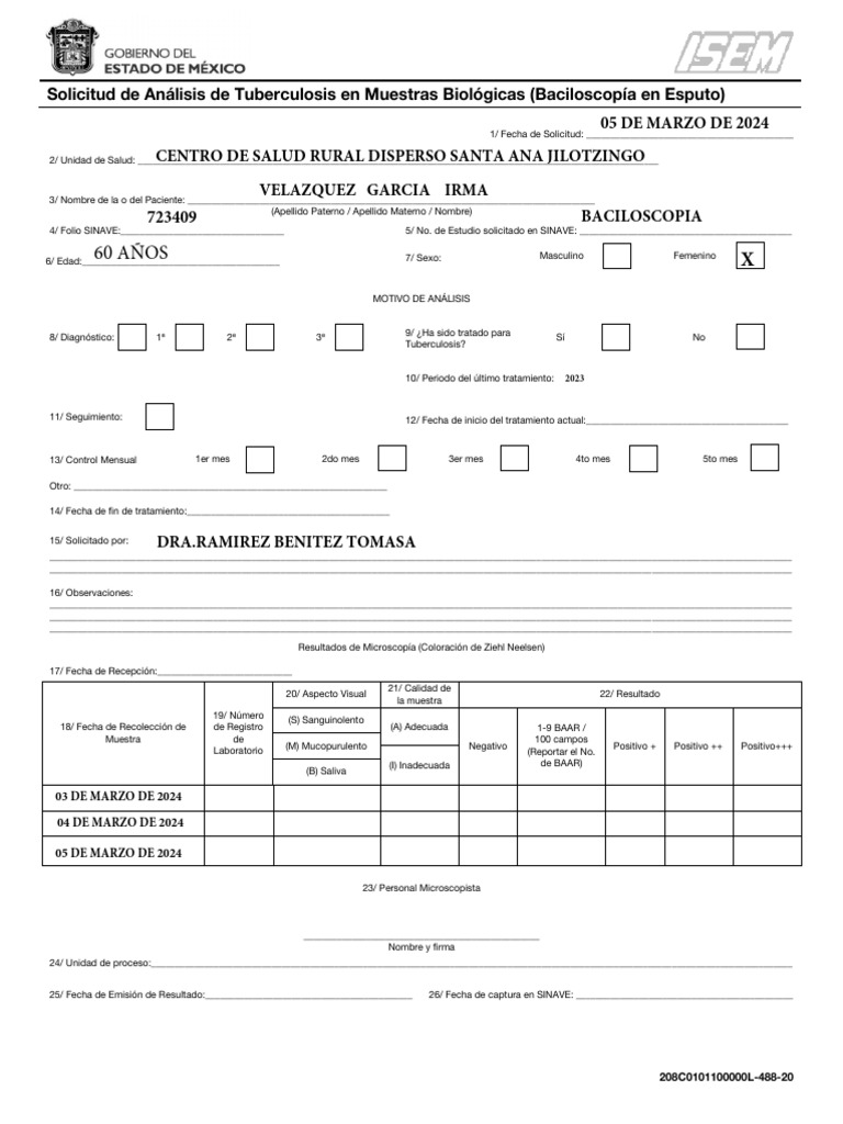Solicitud de Análisis de Tuberculosis en Muestras Biológicas ...