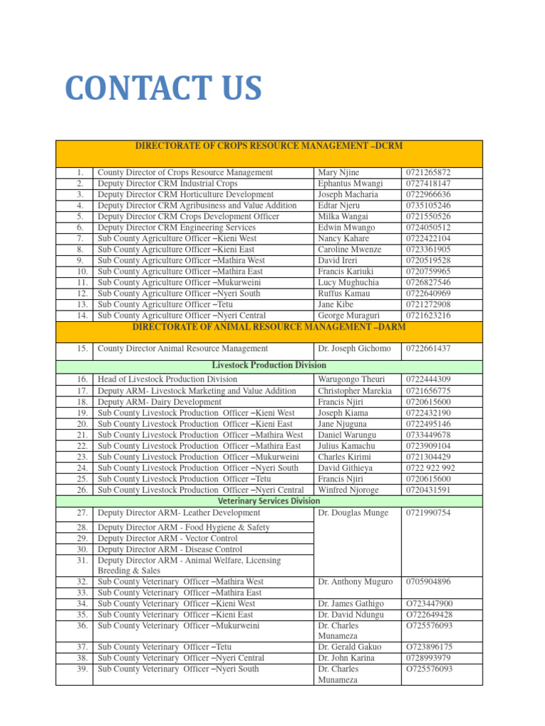 Nyeri County Agriculture Contacts | PDF | Agriculture | Food Industry
