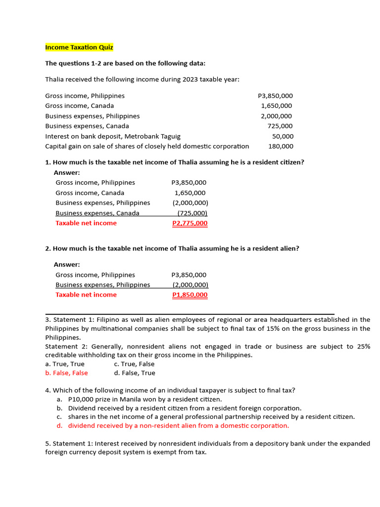 ACC 311 Income Taxation Quiz | PDF | Gross Income | Income Tax
