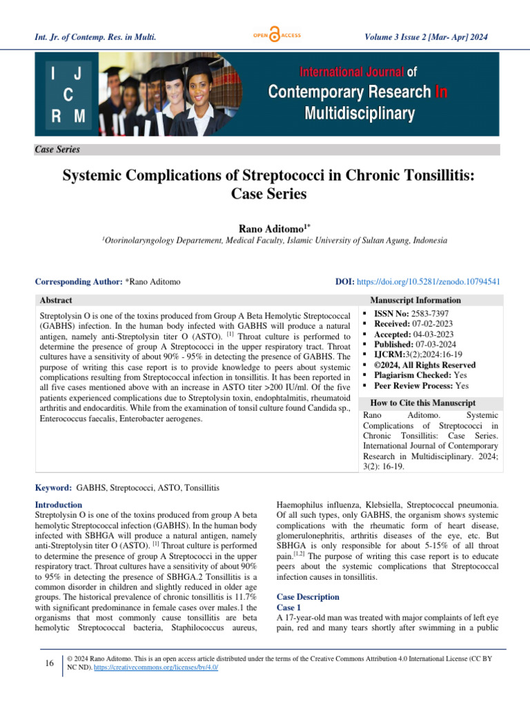 Systemic Complications of Streptococci in Chronic Tonsillitis: Case ...