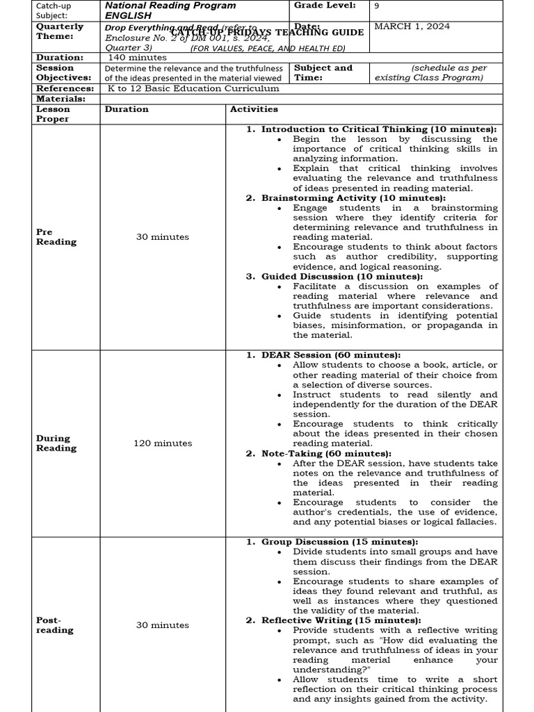GRADE 9-National Reading Program | PDF | Critical Thinking | Thought