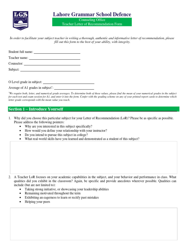 Teacher Recommendation Form Guide | PDF | Teachers | Behavior Modification