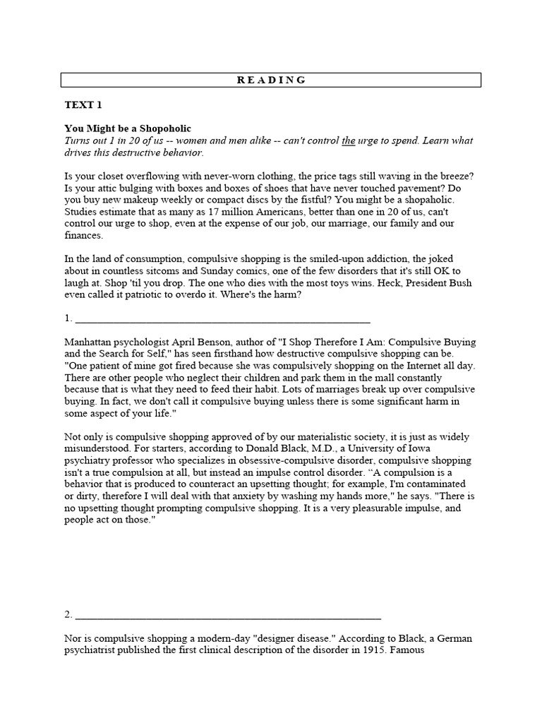 Reading Text 1 You Might Be A Shopoholic | PDF | Diseases And Disorders | Psychology