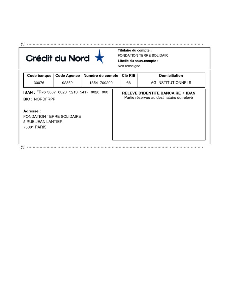 RIB pour Fondation Terre Solidaire | PDF | Business | Finance & Money ...