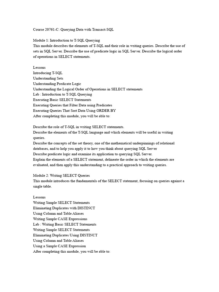 20761-C Querying With T-SQL | PDF | Database Transaction | Information Technology