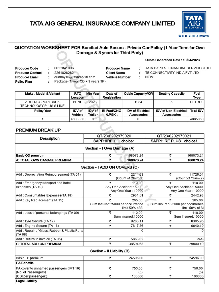 Tata AIG Motor Premium Quote - 3184 - QT - 23 - 6202979020 - QT - 23 ...