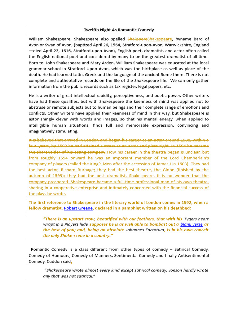 Twelfth Night As Romantic Comedy | PDF | Twelfth Night | William ...