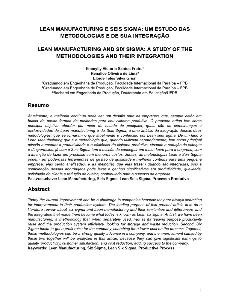 Artigo TCC - LEAN MANUFACTURING E SEIS SIGMA | PDF | Fabricação enxuta ...