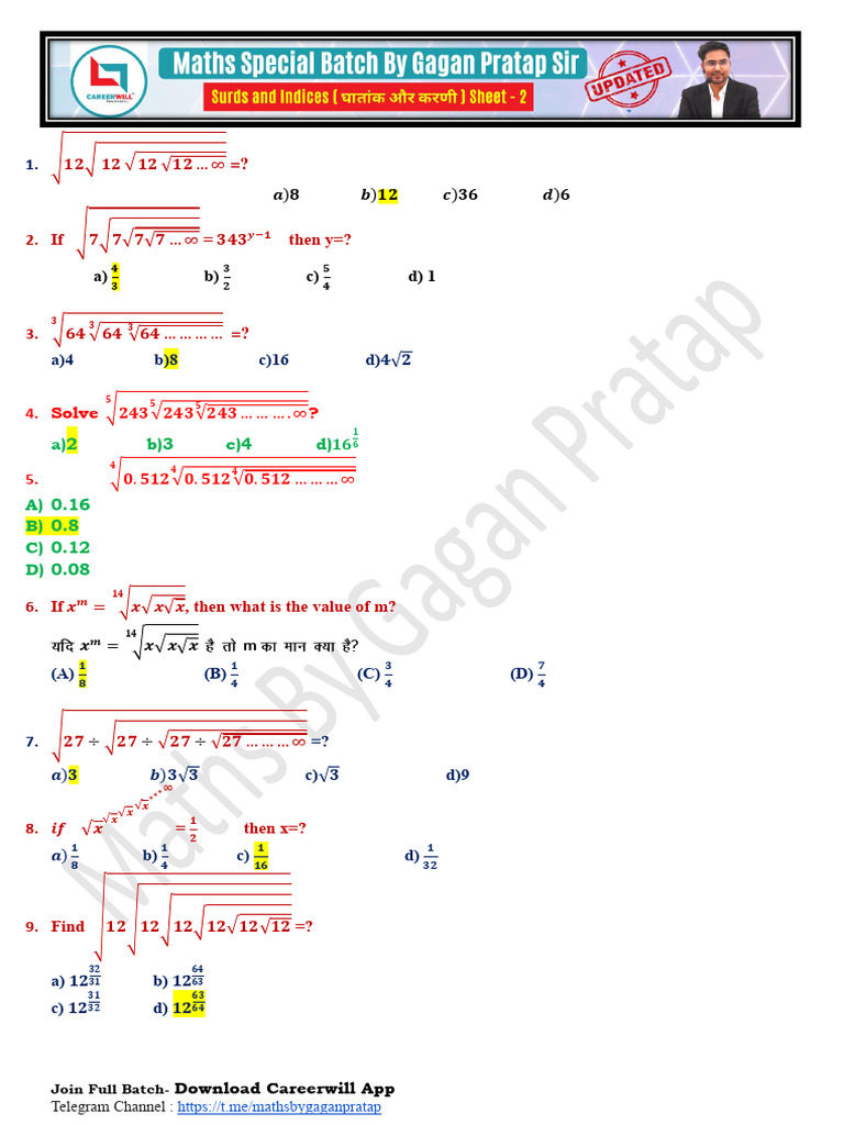 Surds and Indices Sheet-2 - Crwill | PDF | Rational Number | Number Theory