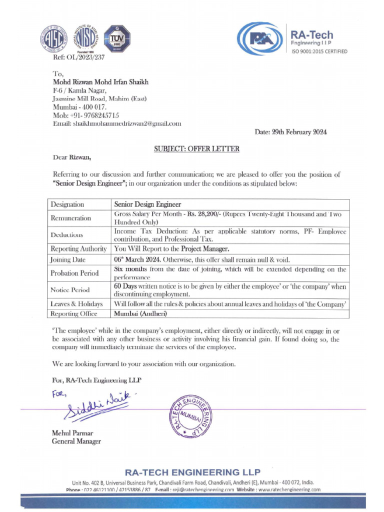 Letter of Offer - Senior Design Engineer - Design - Mohd Rizwan Mohd ... Letter of Offer - Senior Design Engineer - Design - Mohd Rizwan Mohd ...