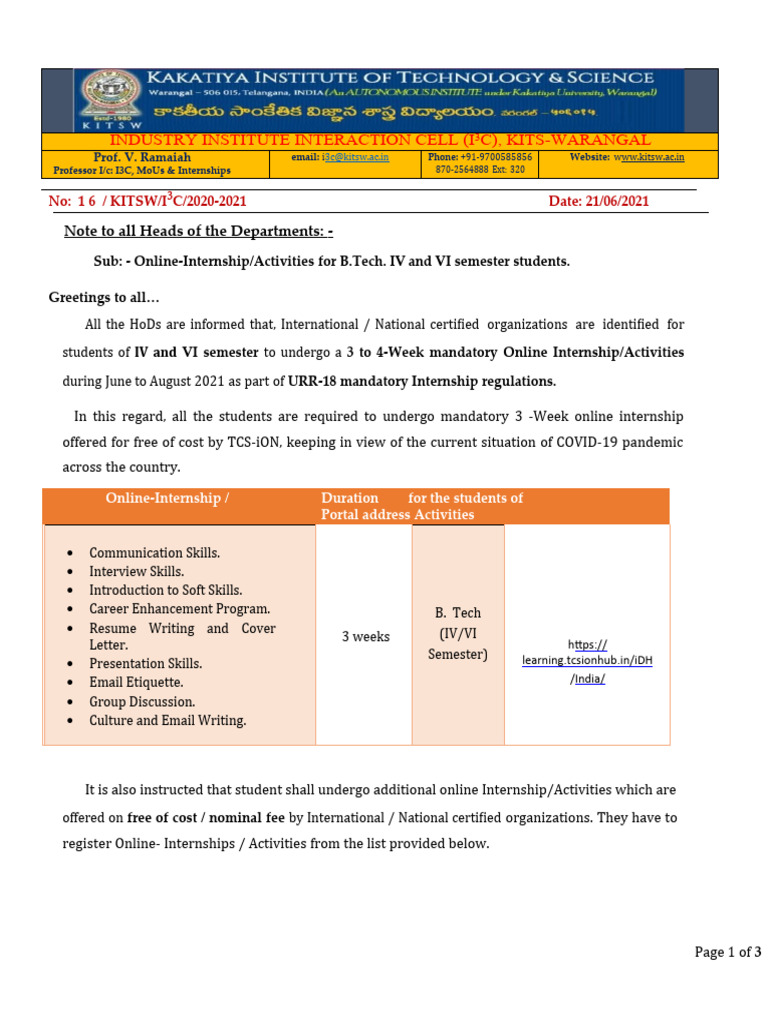 Internships Circular For IV and VI Sem 2021 | PDF