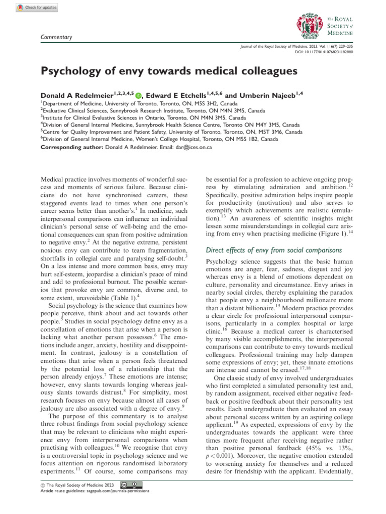 Redelmeier Et Al 2023 Psychology of Envy Towards Medical Colleagues ...
