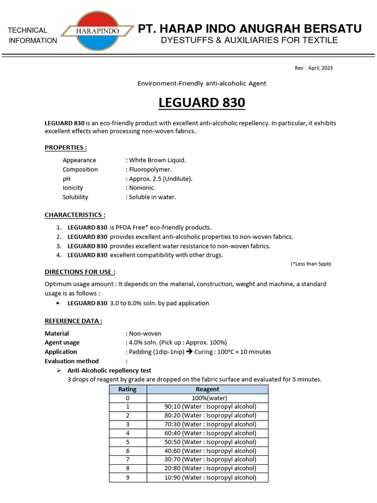 TDS Leguard 830 | Download Free PDF | Textiles | Water