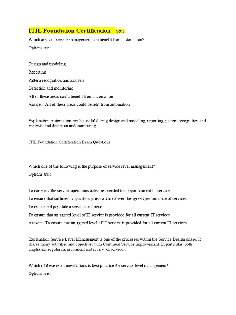 ITIL Foundation Certification - Exam | PDF | Service Level Agreement | Information Security