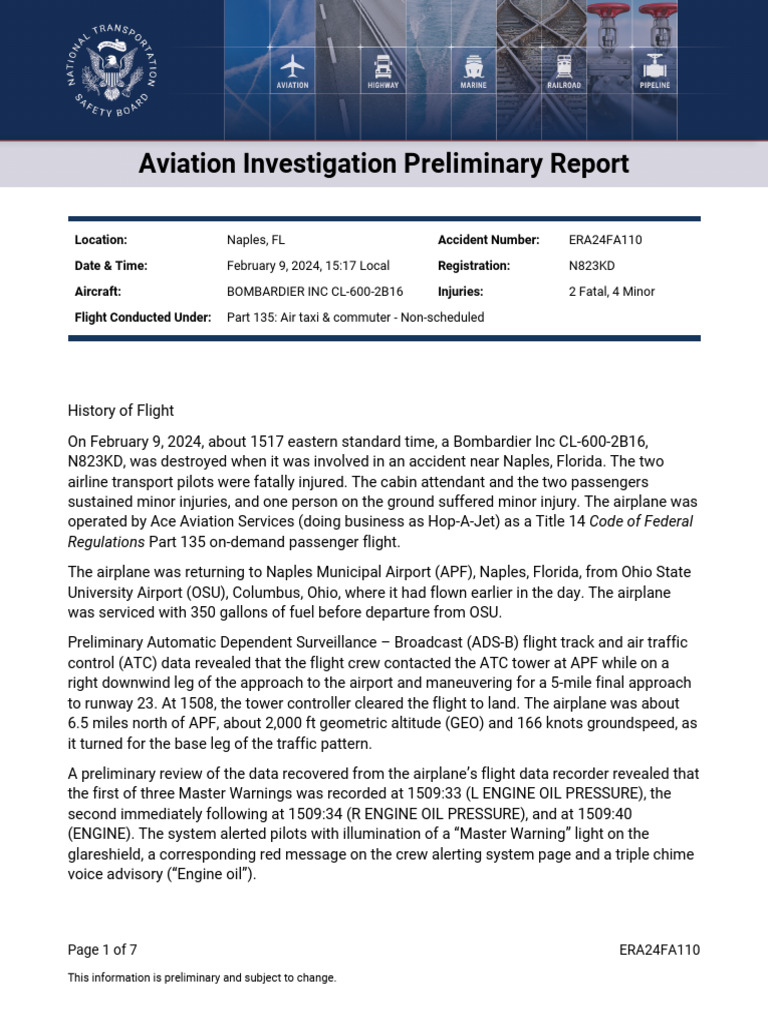 NTSB Aviation Investigation Preliminary Report For Crash of Bombardier ...