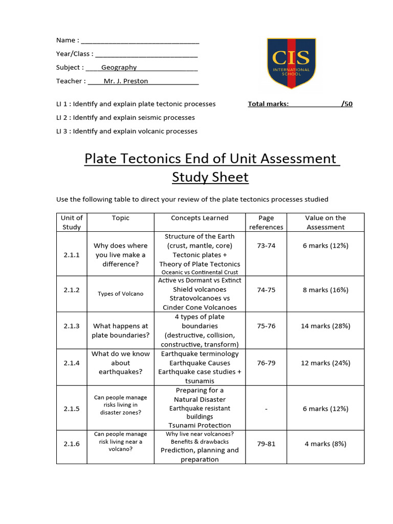 Unit Assessment Study Sheet 2 | PDF | Volcano | Plate Tectonics