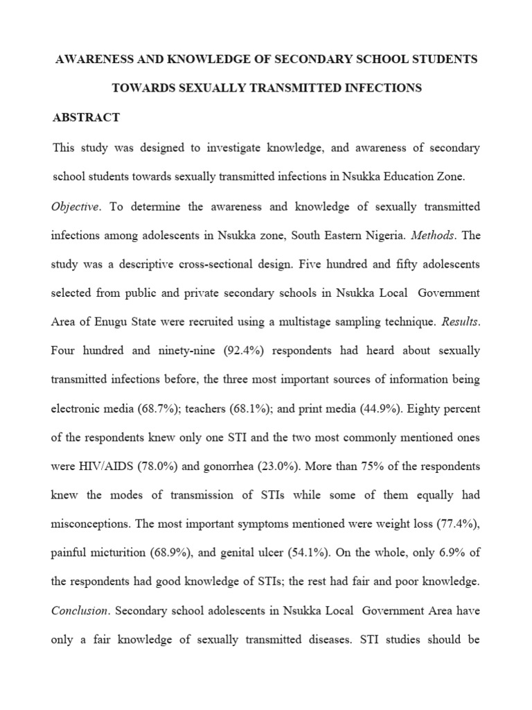 Awareness and Knowledge of Secondary School Students Towards Sexually Transmitted Infections ...