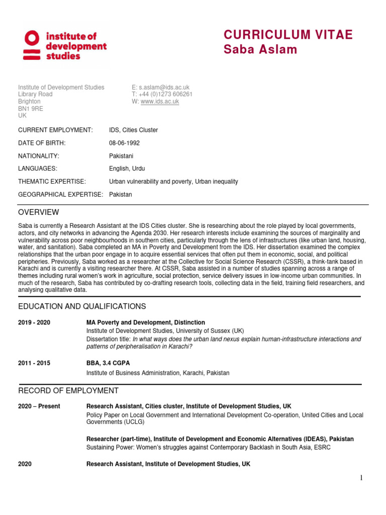 Saba Aslam CV | PDF | Poverty | Poverty & Homelessness