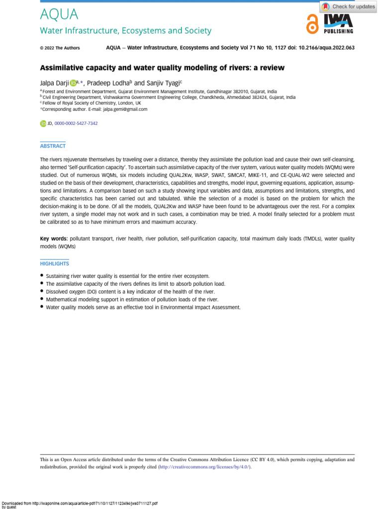 Assimilative Capacity and Water Quality Modeling of Rivers: A Review ...